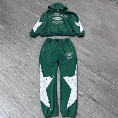 China Custom Sweat Suits Rhinestone Distressed Screen Print Logo Hoodie Acid Washed Legging Sweatpants Vintage Tracksuits For Men for sale