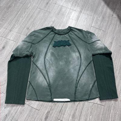 China Custom Applique Embroidery Acid Washed Vintage Distressed Boxy Fit Oversized Double Layer Waffle Sleeve Tee Long Sleeve T Shirt for sale