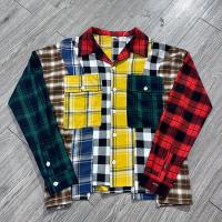 China Custom Flannel Plaid Shirt Button Up Embroidery Patchwork Logo Color Block Polo Shirt Cut Sew Patch Shirt For Men for sale