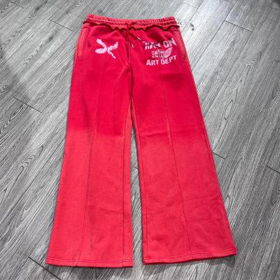 China Clothing Custom Distressed Screen Print logo Flare Sweatpants Baggy Joggers Acid Washed Wide Leg Sweat Pants for sale