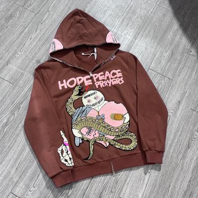China Custom 3d Puff Printing logo 500 Gsm Full Zip up Hoodie Chenille Embroidery Acid Wash Fleece Zipper Oversized Streetwear Hoodie for sale