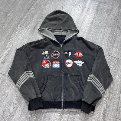 China Customized Colors Double Layer Hooded Embroidery Patch Logo Acid Wash Heavy Cotton Zip Up Vintage Hoodie At Affordable for sale