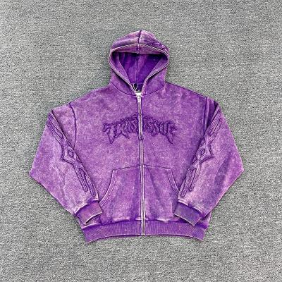 China Custom Embroidered Patch Heavyweight Hoodie French Tetty Acid Wash Vintage Zip Up Distressed Oversized Zipper Hoodie for sale