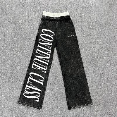 China Men's Custom Streetwear Sweat Pants Straight Wide Leg Baggy Acid Wash Vintage French Terry Cotton Double Waist Sweatpants for sale