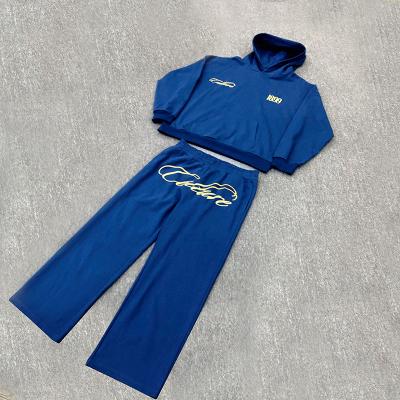 China Cotton Fabric Custom Jogging Sweat Suits With Embroidered Logo Pullover Hoodie And Wide Leg Sweatpants for sale