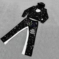 China Custom Puff Print Hoodie Casual Flared Jogger Track Pants In Cotton Fabric For Men's Stacked Sweatpants Tracksuit for sale