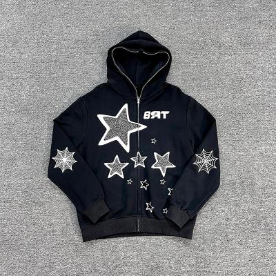 China Customized Logo Embroidery Full Zip Up Rhinestone Hoodie Oversized Heavyweight For Men for sale