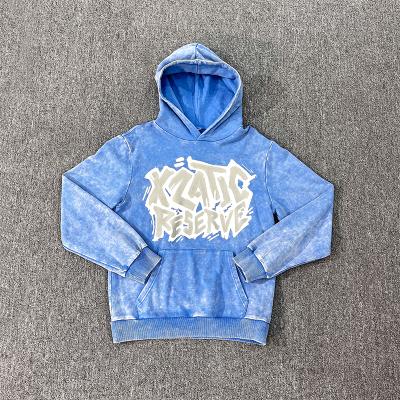 China Custom logo Retro French Terry Blue Distressed Hoodie Acid Wash Vintage Pullover Fashion Streetwear Hoodie for sale