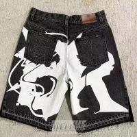 China Custom Jogger Puff Print Applique Embroidery Raw Hem Logo Streetwear Baggy Distressed Black Washed Denim Jeans Shorts For Men for sale