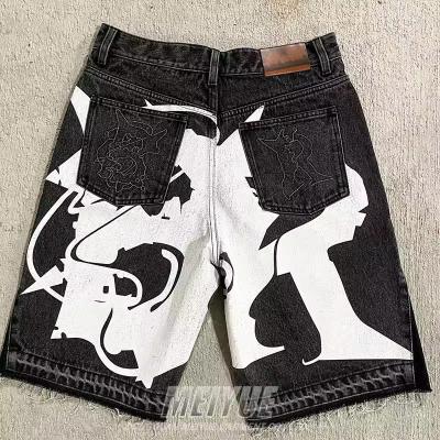 China Custom Jogger Puff Print Applique Embroidery Raw Hem Logo Streetwear Baggy Distressed Black Washed Denim Jeans Shorts For Men for sale