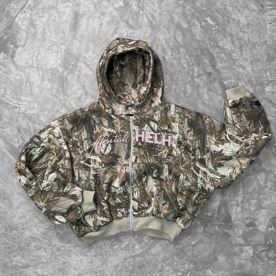 China Custom Lady Outdoor Hunting Distressed Vintage Sweatshirt Camo Zip Up Heavyweight Camouflage Tree Print Oversized Hoodie Women for sale