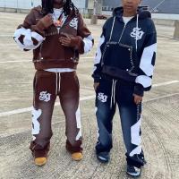 China Custom Reverse Embroidery Logo Streetwear Pullover Vintage Half Zipper Acid Wash Distressed Flared Sweatpants Hoodie Set for sale