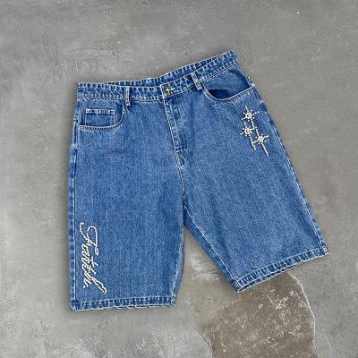 China Custom Denim Shorts for Men Rhinestone Print Jean Shorts Men Denim Breathable Vintage Streetwear Embroidery Shorts for Summer for sale