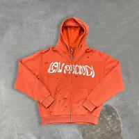 China Factory Vintage Sun Faded Washed Thick Cotton Hoodies Custom Logo Men Distressed Oversized Fit Zip up Screen Print Hoodie for sale