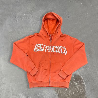 China Factory Vintage Sun Faded Washed Thick Cotton Hoodies Custom Logo Men Distressed Oversized Fit Zip up Screen Print Hoodie for sale