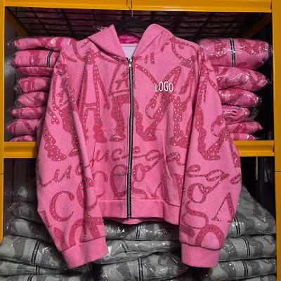 China Streetwear Waffle Stain Lining Zip up Hoodie Custom Manufacturer Boxy Crop Oversized Fit French Terry Rhinestone Hoodies for Men for sale
