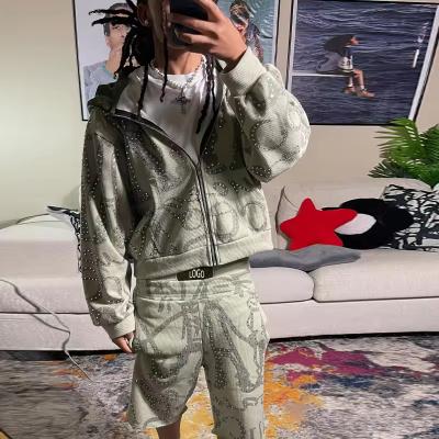 China Custom Rhinestone Tracksuits Zip up 500 GSM Two Piece Boxy Cropped Hoodie Suit Sweatsuit Hoodies and Sweat Shorts Set for Men for sale