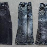 China High Quality Denim Jeans Pants Wash Rhinestone Embroidered Patch Ripped Style Streetwear Wide Leg Flared Stacked Denim Jeans for sale