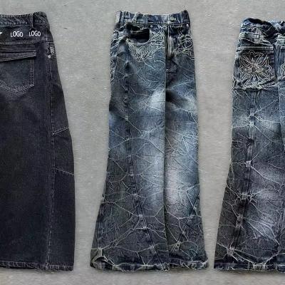 China High Quality Denim Jeans Pants Wash Rhinestone Embroidered Patch Ripped Style Streetwear Wide Leg Flared Stacked Denim Jeans for sale