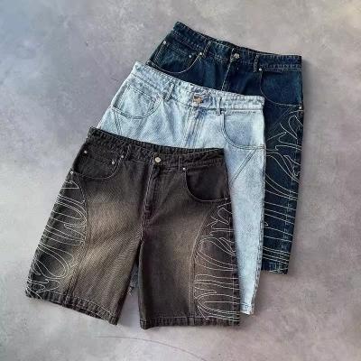 China Vintage Denim Jorts Low Waist Patchwork Embroidery Shorts Streetwear Casual Hip Hop Style Summer Knitted Jorts Customizable for sale