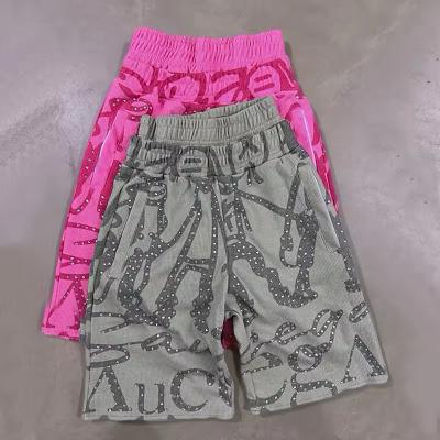China OEM Fashion Double Waist Rhinestone Shorts Capri Cropped Pants Streetwear Screen Print High Quality Cotton Low Price Custom for sale