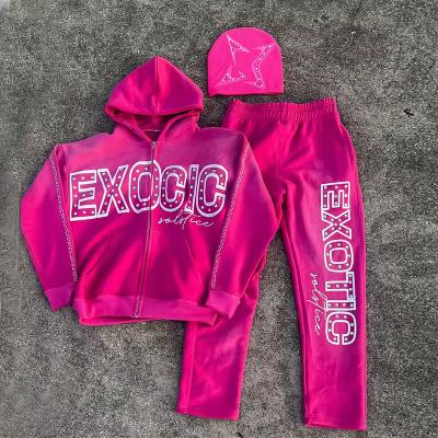China Custom Acid Washed Tracksuit Distressed Rhinestone Zip up Hoodie and Sweatpants Set Vintage Sweatsuit Jogging Streetwear for sale