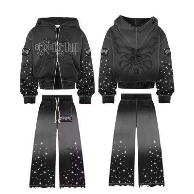 China Custom Acid Washed Vintage Hoodie Sweatpants 2 Piece Set Streetwear Rhinestone Hoodie Joggers Set Sweat Pant Tracksuits Men for sale