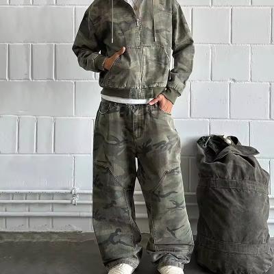 China Custom Camo Jacket Baggy Wide Leg Track Pant Sweatpants and Hoodie Set Camouflage Zip up Hoodie Tracksuit for Men for sale
