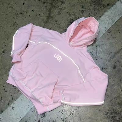 China Custom pink Fashion Streetwear Hoodie Oversized 100% Cotton Fleece Drop Shoulder Reflective Embroidery Print Hoodies Men for sale