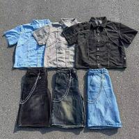 China Custom Button up 2 Piece Shirts Denim Shorts Set Knit Sewing Cotton Boxy Fit Polo t Shirt Denim Shorts Tracksuits for Men for sale