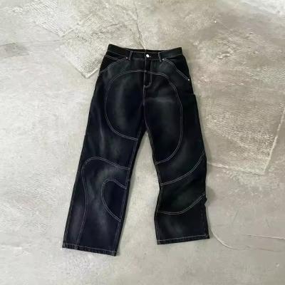 China Custom Button Fly Embroidery Denim Washed Vintage Jeans Heavyweight Joggers Streetwear Manufacturers for sale