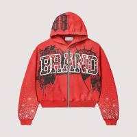 China OEM Custom Hoodies Brand Streetwear Rhinestone Drop Shoulder Oversized Acid Wash Vintage Distressed Hoodie for Men for sale
