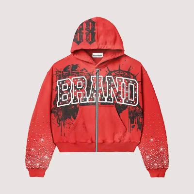 China OEM Custom Hoodies Brand Streetwear Rhinestone Drop Shoulder Oversized Acid Wash Vintage Distressed Hoodie for Men for sale