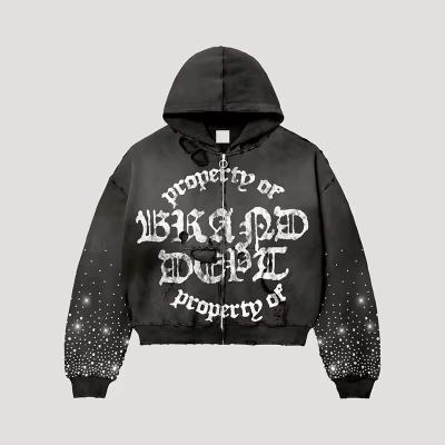 China OEM Zipper Screen Print Drawstring Hoodie Retro Travel Rhinestone Park Vintage Acid Washed Boxy Oversized Destroyed Hoodie Men for sale