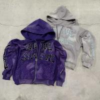 China Custom Fashion Streetwear Sun Faded Heavy Cotton Vintage Acid Washed Zip up Oversized Boxy Fit Rhinestone Hoodie Manufacturers for sale