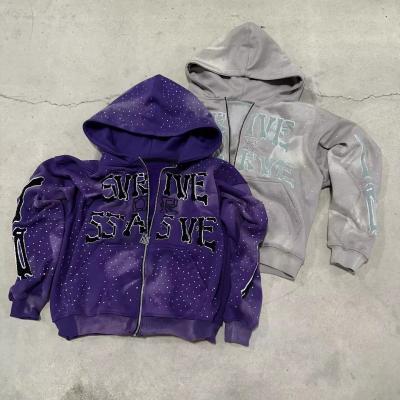 China Custom Fashion Streetwear Sun Faded Heavy Cotton Vintage Acid Washed Zip up Oversized Boxy Fit Rhinestone Hoodie Manufacturers for sale