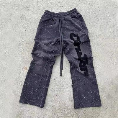 China Custom Sweat Pant Rhinestone Flare Baggy Joggers Embroidery logo Distressed Sun Faded Acid Wash Track Pants Sweatpants for Men for sale