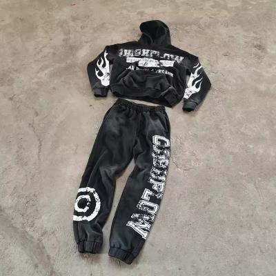 China Custom Logo Cropped Hoodies Applique Embroidered Patches Jogging Sweatsuits Acid Wash Tracksuits Jogger Sweatpants Men Set for sale