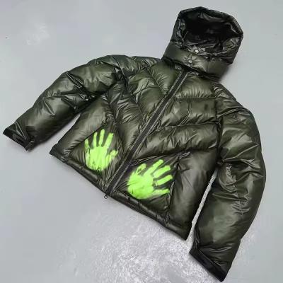 China Custom Thermochromic Ink Print Streetwear Crop Vintage Heavyweight Winter Hooded Windproof Color Change Down Puffer Jacket Coat for sale