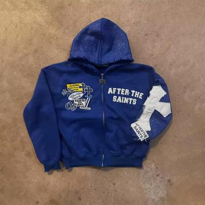 China Custom Blue Embroidery Patch Acid Wash Vintage Jacket Distressed Rhinestone Zip up Hoodie Manufacturers for sale