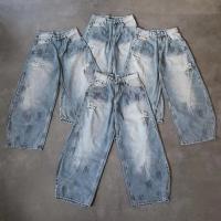 China Custom Loose Fit Denim Wide Leg Jeans Fashion Washed Baggy Streetwear Distressed Y2k Light Blue Denim Jeans for sale