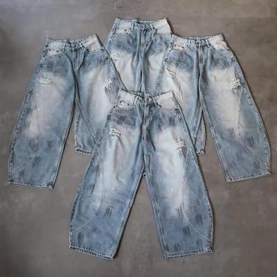 China Custom Loose Fit Denim Wide Leg Jeans Fashion Washed Baggy Streetwear Distressed Y2k Light Blue Denim Jeans for sale