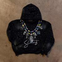 China Custom Rhinestone Hoodie Acid Washed Fleece Heavyweight Distress Sun Faded Oversized Streetwear Hoodies Manufacturers for sale