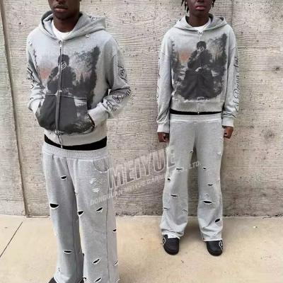 China Custom Dtg Print Distressed Zip up Hoodie Flared Baggy Stacked Sweatpants Joggers Set Hoodie Tracksuits Sweat Suit Set Men for sale