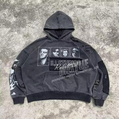 China Custom Pullover Streetwear Acid Wash Hoodie Heavyweight Vintage Dtg Print Hoodie Embroidery Patchwork Drop Shoulder Hoodie for sale