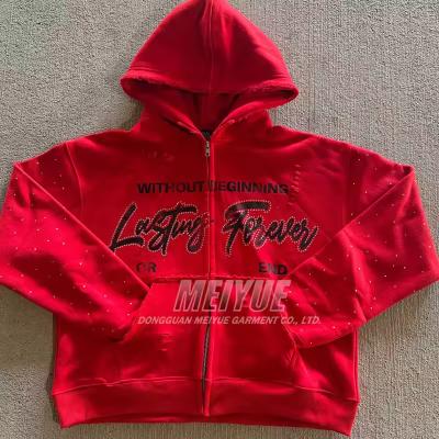 China Custom Vintage Acid Wash Zip up French Terry Hoodie Men Embroidery Rhinestone Hoodie Patchwork Distress Oversize Hoodie for sale