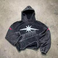 China Custom Drop Shoulder Elastic Cuffs Designer Hoodie Men Denim Street Wear Hoodie Cropped Acid Washed Vintage Boxy Hoodie Men for sale