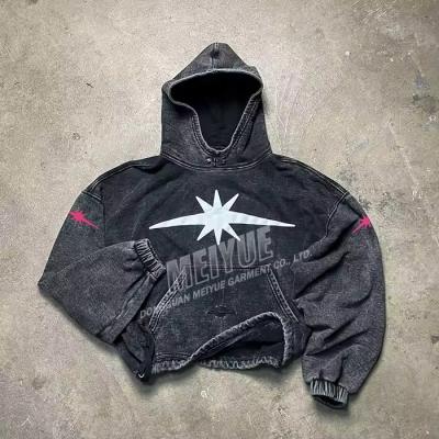 China Custom Drop Shoulder Elastic Cuffs Designer Hoodie Men Denim Street Wear Hoodie Cropped Acid Washed Vintage Boxy Hoodie Men for sale