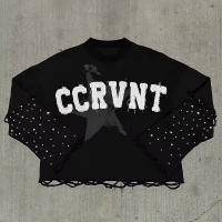 China Clothing Manufacturers Custom Double Layer Long Sleeve Distressed Embroidery logo Rhinestone t Shirts Acid Washed Vintage Tshirt for sale