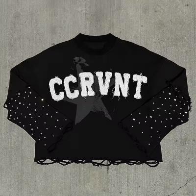 China Clothing Manufacturers Custom Double Layer Long Sleeve Distressed Embroidery logo Rhinestone t Shirts Acid Washed Vintage Tshirt for sale